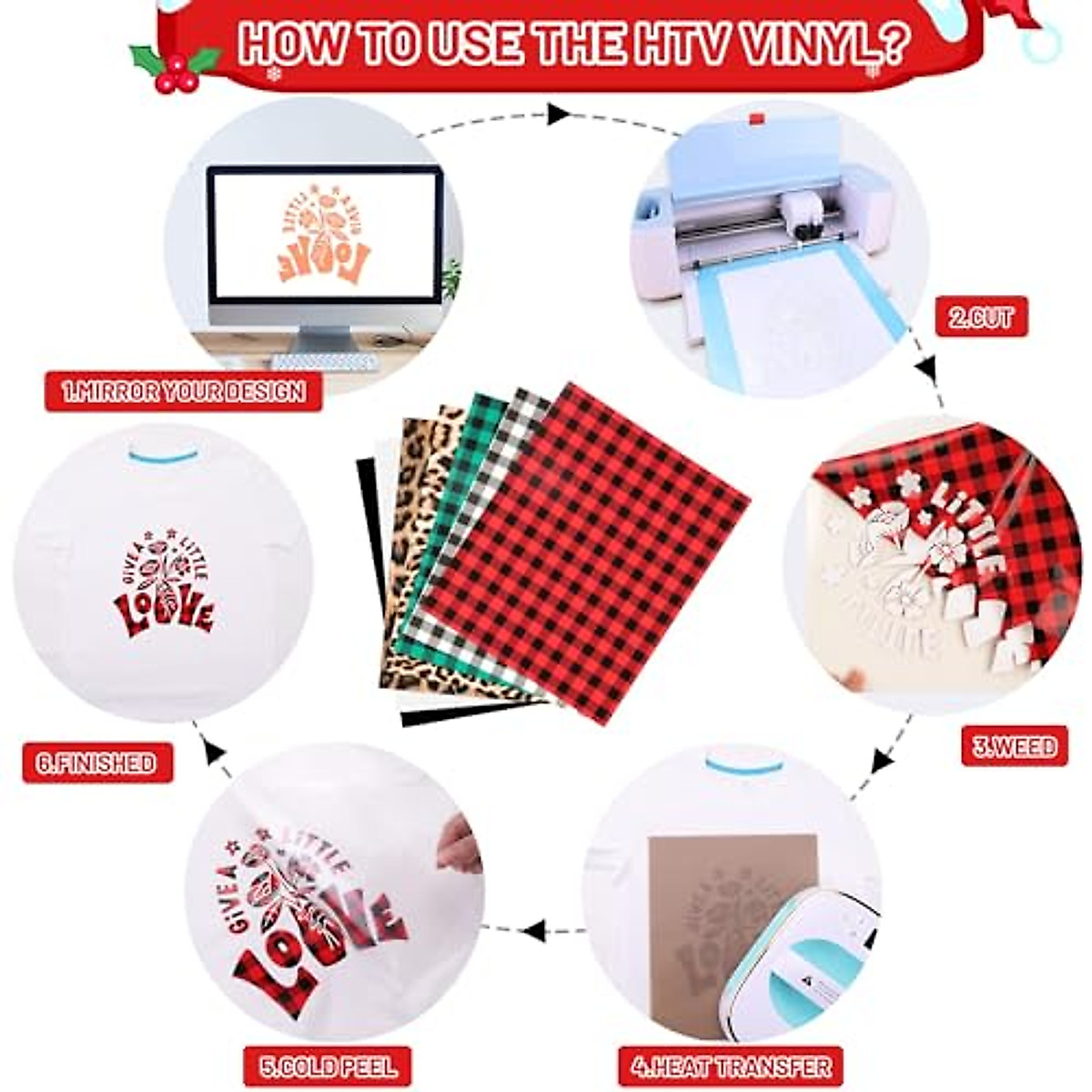 HTVRONT Christmas HTV Buffalo Plaid HTV Vinyl - 13 Sheets Heat Transfer Vinyl Leopard HTV - Plaid Iron on Vinyl for Cameo,Easy to Cut & Weed for Heat Vinyl Design