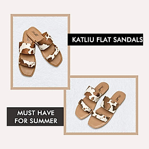 katliu Women's Flat Sandals Two Strap Slide Sandals Open Toe Cow Print Brown 8