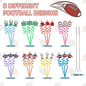 24Pcs Football Straws and 2Pcs Cleaning Brushes, Reusable Plastic Rugby Straws, Football Party Supplies Favors，Birthday Party Decorations。