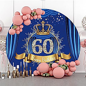 OERJU 6x6ft 60th Birthday Round Backdrop Cover for Men Royal Blue Curtain Gold King Crown Circle Photography Background Sixty Years Old Age Birthday Party Decorations Banner Photo Booth Props