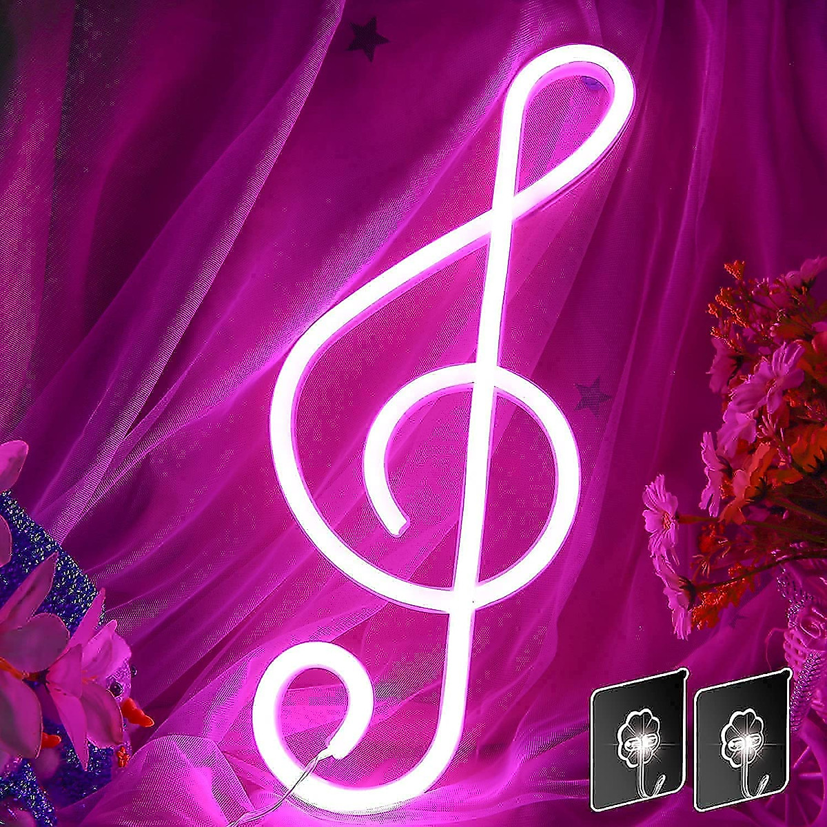 Music decor Neon Sign - LED Neon Lights Wall Decoration, USB or Battery Powered Creative Music Symbol Night Light Bedroom Living Room Girl Room Decor Bar Party Birthday Gift (Pink)