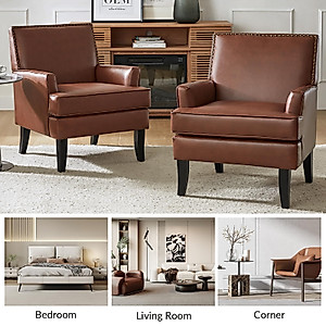HULALA HOME Modern Faux Leather Accent Chair, Comfy Upholstered Sofa Chair with Nailhead Trim, Living Room Bedroom Armchair with Wood Legs, Brown