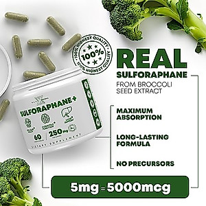 Peak Revival-X 5000mcg of Real Lab-Verified Sulforaphane Supplement - Broccoli Seed Extract 250mg Supplements - Promotes Cognitive Function, Liver & Cellular Support - 60 Vegan Capsules/Pills