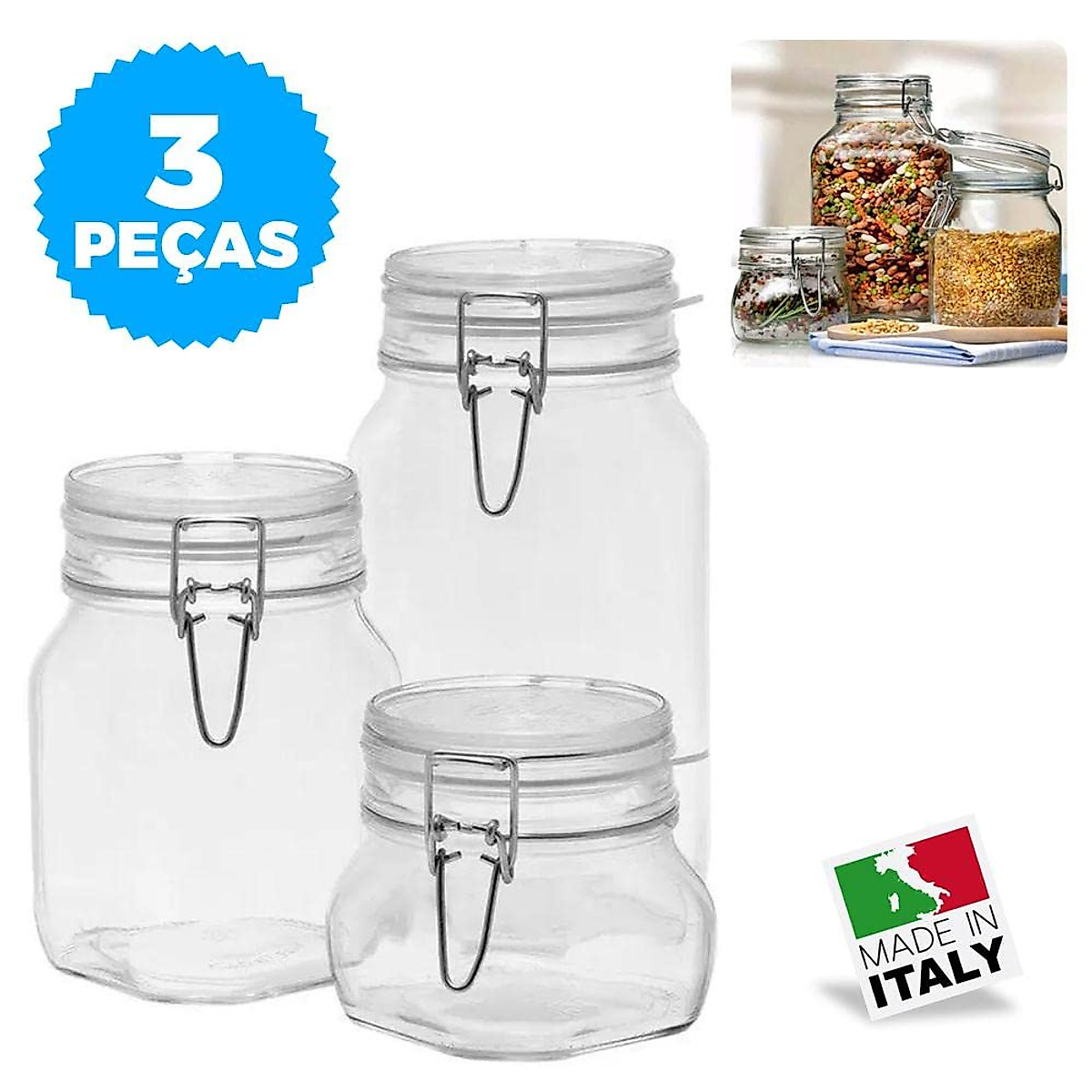 Bormioli Rocco Bormioli 149740-SE5 Set of 3 Airtight Jars 1 x 0.5 L 1 x 1.5 L Transparent Multi-Coloured, Glass