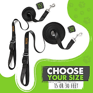 Mighty Paw Long Dog Leash | Pet Lead for Off-Leash Recall Training. Premium Quality Nylon Tie Out , Includes a Buckled Padded Handle. Great for Yard, Camping and Training. (15 Feet, Black)