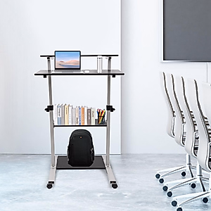 Ghankopd Mobile Laptop Computer Desk Stand Up Computer Desk Standing Workstation Rolling Desk Adjustable Height with Locking Wheels Storage and Slideout Keyboard Tray (Black, 27Inch)