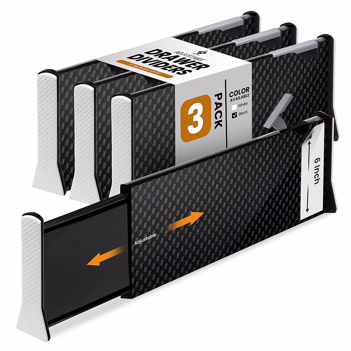 RAPTUROUS Deep Drawer Dividers 3 Pack, 6 Inch Tall, 13-22 Inch Long Expandable, Adjustable Drawer Organizer for Clothing, Dresser, Kitchen, Strong Hold, Soft Foam Edges, Black