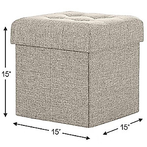 Ornavo Home Foldable Tufted Linen Storage Ottoman Square Cube Foot Rest Stool/Seat - 15" x 15" x 15" (Beige)