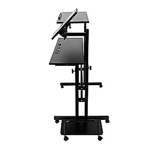 Mind Reader Woodland Collection, Mobile Sit/Stand Laptop Desk with Side Storag Adjustable, Tiltable, Lockable Casters, Portable, X-Large, Black