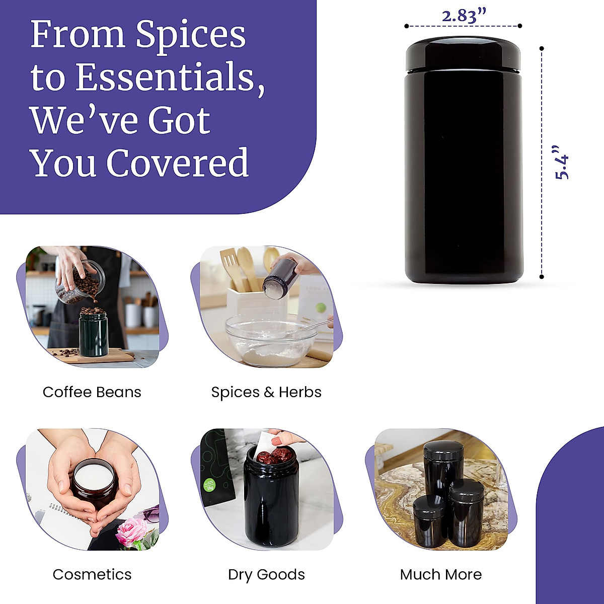 Infinity Jars Classic Black Glass Jar 400 ml (13.53 fl oz) Ultraviolet Airtight Smell Proof, Refillable Container Screw top Jar for Long term storage Coffee, Spices, Dried Goods Jar for Kitchen 3 Pack