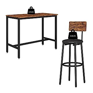 5 Piece Pub Bistro Dining Set, Bar Table Set with 4 PU Bar Stools with Backrest, Industrial Counter Height Dining Table Set for Kitchen Living Room Restaurant Small Space (Rustic Brown-Bar Table Set)