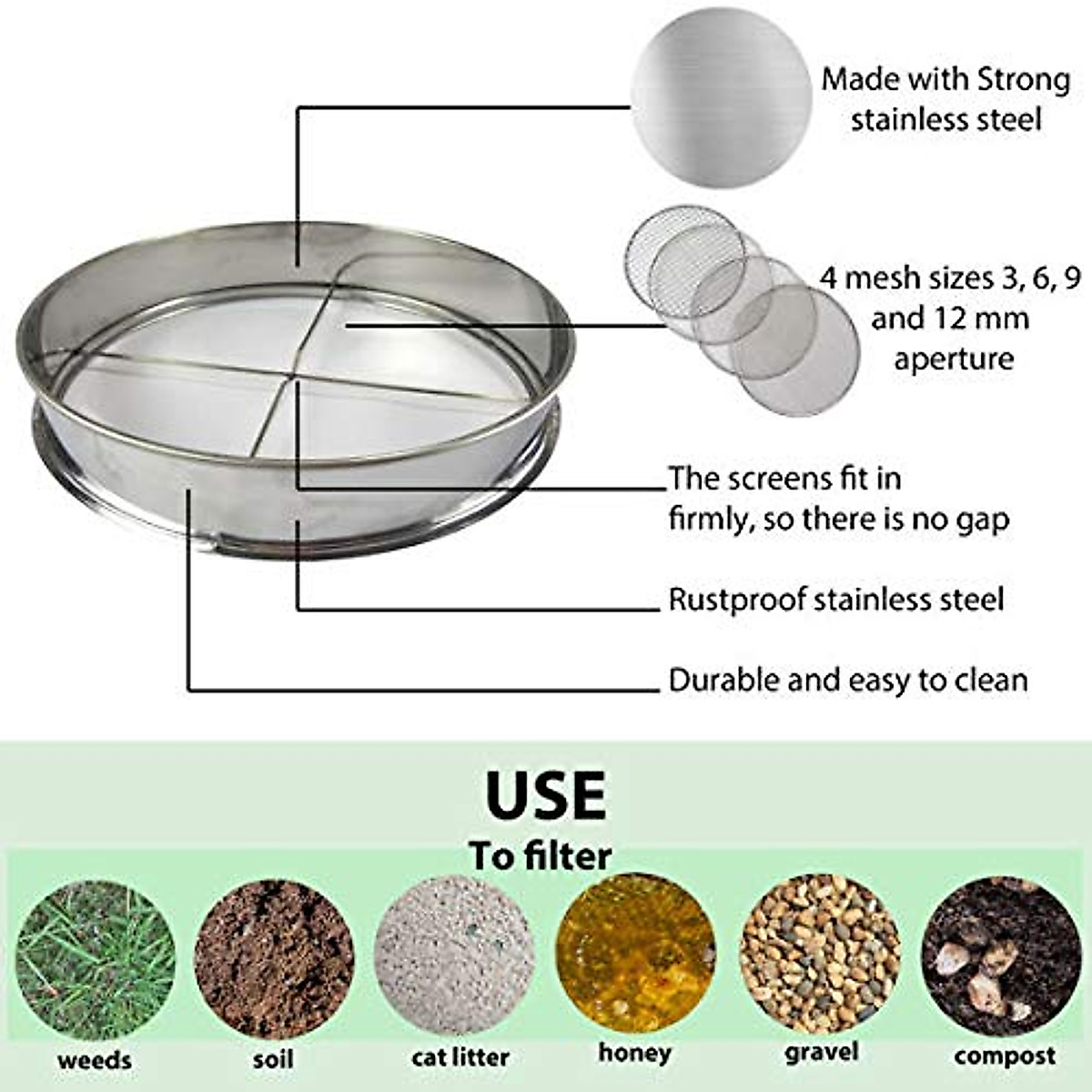 Practicool Garden Potting Mesh Sieve - Sifting Pan - Stainless Steel Riddle - Mix Soil Filter - with 4 Interchangeable Mesh Sizes - 3, 6 , 9, 12mm