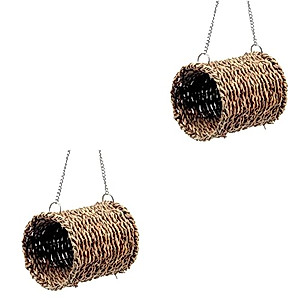 2pcs Parakeet Chinchilla Tube Hedgehog Tent Small Snuggle Guinea Hanging Straw Nest Rat Hammock Toy Seagrass Cockatiel Hamster Pig Squirrel Tunnel for Pet Bird Use Tunnels Woven