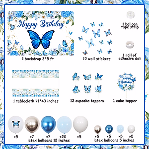 Balterever Blue Butterfly Birthday Party Decorations for Girl Butterfly Happy Birthday Backdrop Balloon Arch Kit Tablecloth Wall Stickers Cake Cupcake Toppers for Girl Butterfly Theme Birthday Party