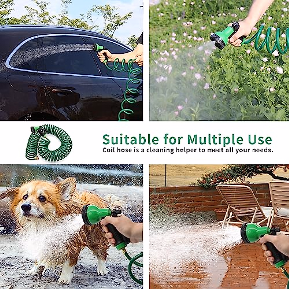 Coil Hose 25ft,EVA Recoil Garden Hose Brass Connector,Coiled Water Hose Lightweight and No Kink Includes 10 Patterns Spray Nozzle for Outdoors Lawn Watering,Car Washing Green