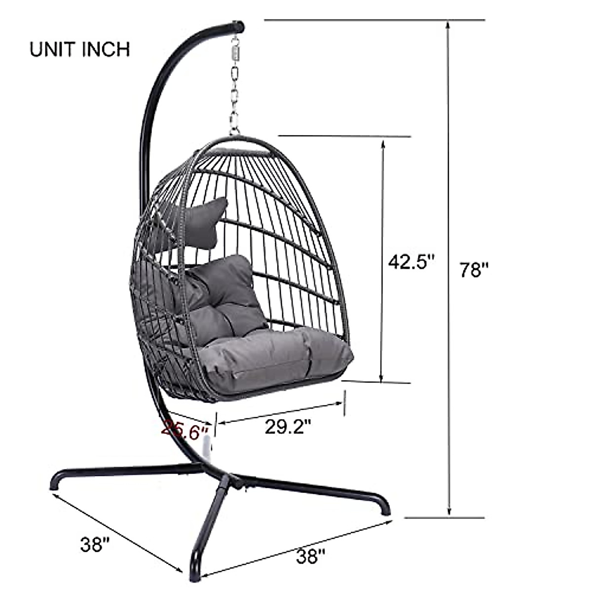 OUTPLATIO Swing Egg Chair with Stand Indoor Outdoor 350lbs Capacity Hanging Wicker Hammock Chair with UV Resistant Cushion Collapsible Foldable Basket for Bedroom Balcony Patio Garden (Dark Gray)