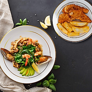 MATANA 60 pc Reusable Gold Plastic Plates with White Gold Rim - 30 Dinner Plates 10.25" Inch, 30 Salad Dessert Appetizer Plates 7.5" Inch, Heavy Duty, Elegant, Premium for Parties, Wedding & Events