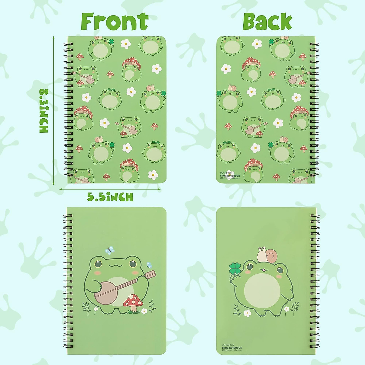 L1rabe 2 A5 Frog Spiral Notebooks Spring Back to School Cute Frog Playing Banjo Mushroom College Ruled Hardbound Notebooks, Travel Journal Diary Notepad for Kids Teens Students Easter Birthday Gifts