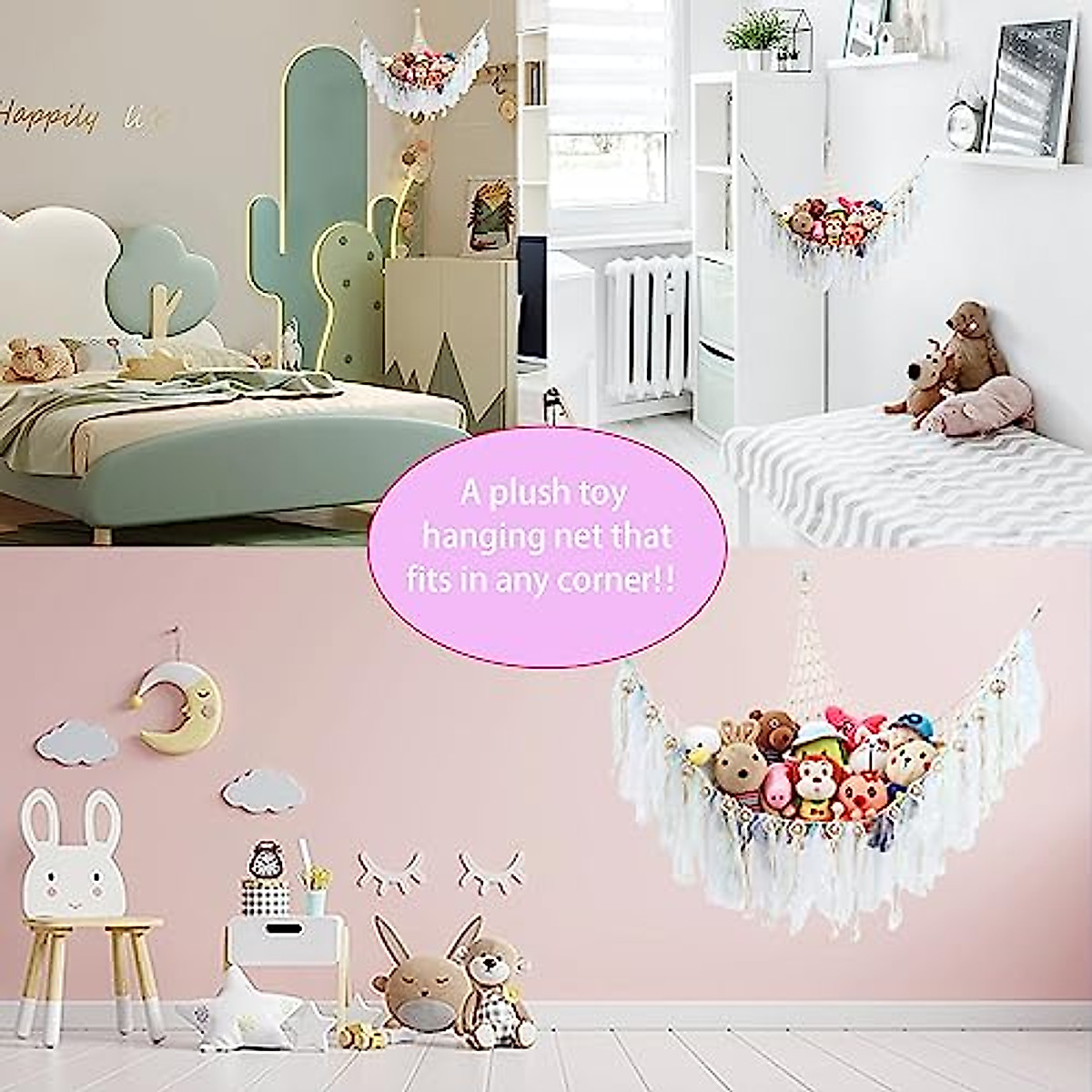 GSZTTKX Stuffed Animal Hammock,Macrame Large Toy Net Hanging for Stuffed Animals Storage Organizer Wall Corner,Boho Plush Stuffed Animal Holder Children Room Nursery Decor (with Light,Beads,White)
