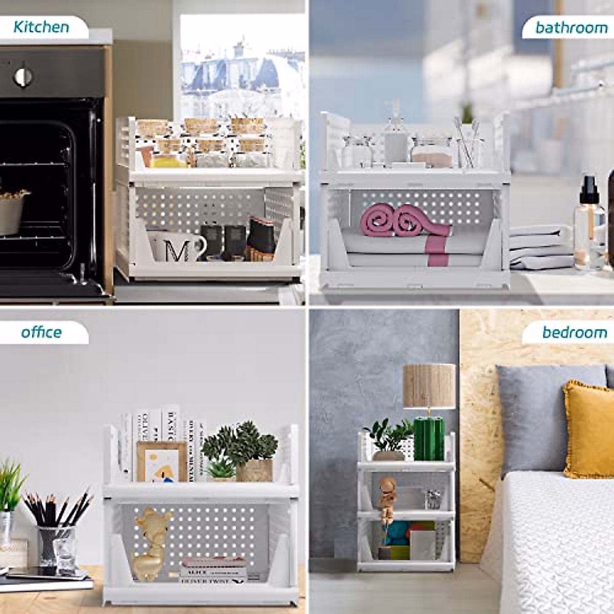 MVSRWLL Stackable Plastic Storage Basket Bin Shelf Box for Closet Wardrobe Organizer 8 Pack Foldable Clothes Drawer Storage Container for Cupboard Kitchen Bathroom Bedroom Office (White)(4L4S)