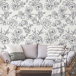 CHIHUT Vintage Peel and Stick Wallpaper Peony Flower Wall Paper 17.7”x100” Self Adhesive Removable Wallpaper for Bedroom Living Room Decorative Black and White Floral Contact Paper for Cabinets