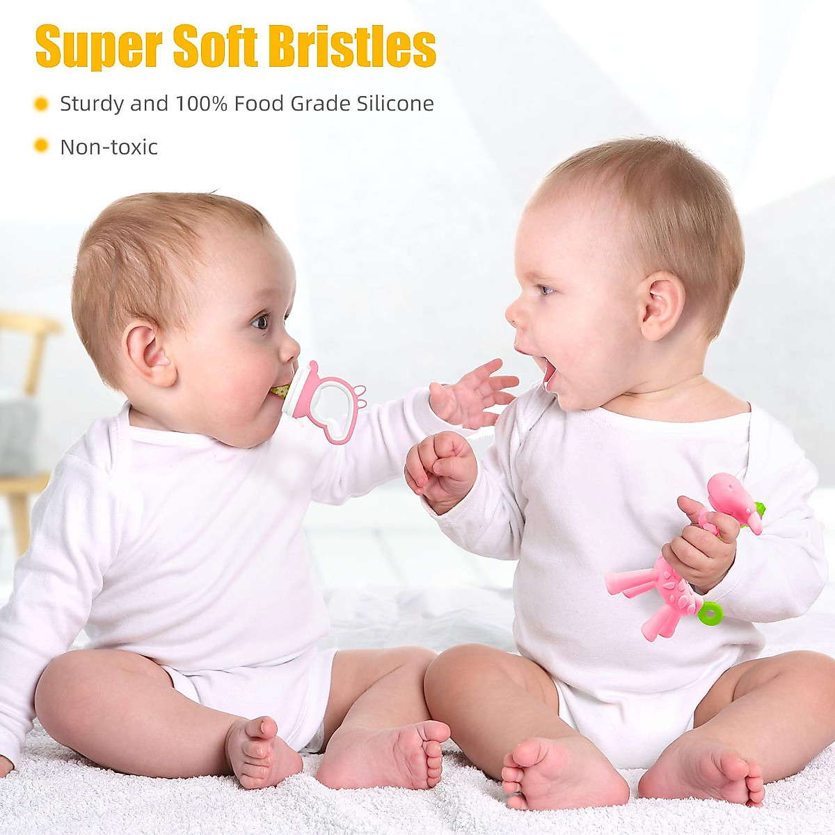 SHARE&CARE Baby Teething Toys for Girls and Natural Organic Fruit Feeder Pacifier/Baby Teether Chew Toys Fresh Food Feeder/ 1 Teethers and 1 Feeder with 3 Silicone Sacs(Pink)