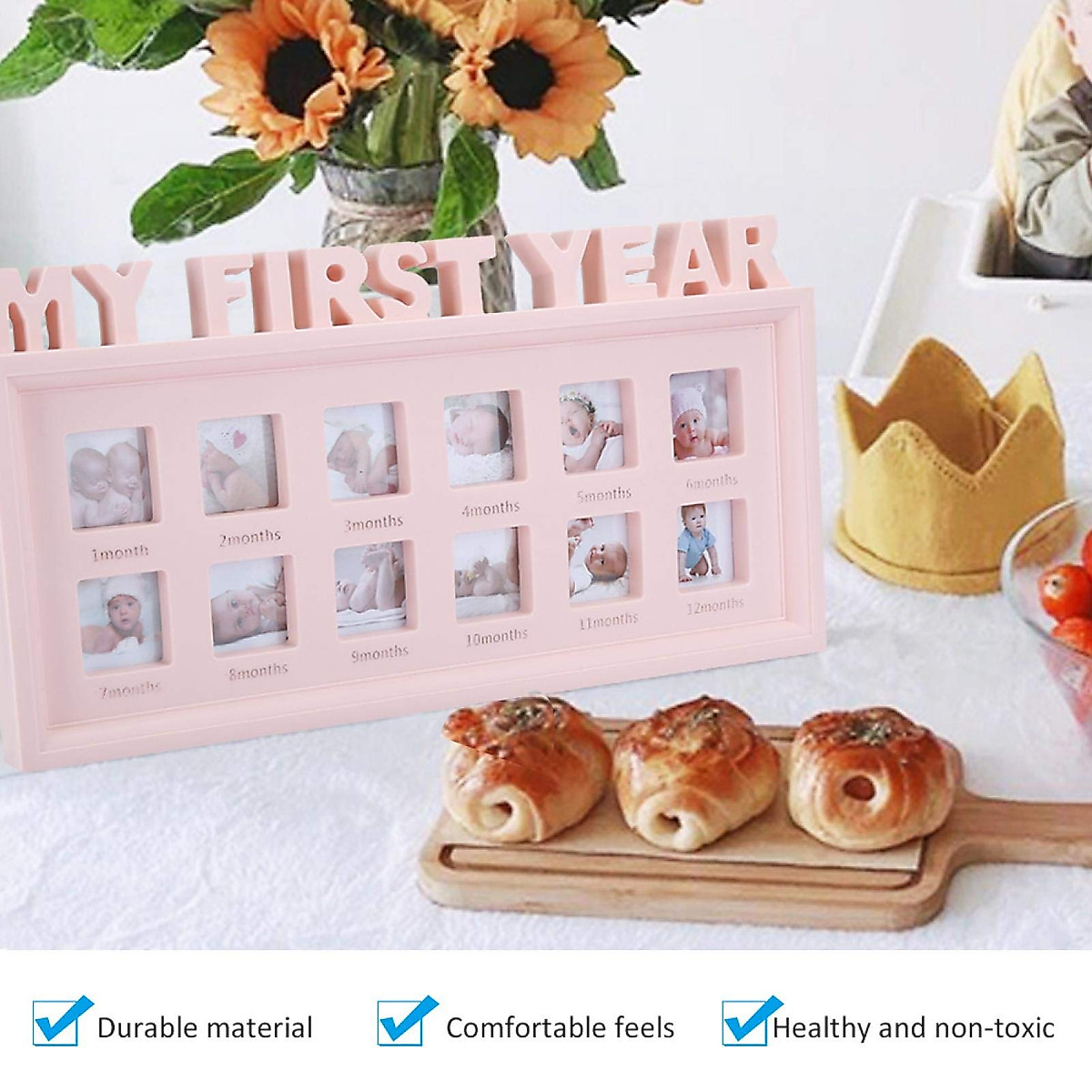 Agatige My First Year Baby Picture Frame, 12 Months Photo Frame Pink Memorable Photographs Albums Monthly Milestone for Newborn Baby Girls, Gift for Mom to Be