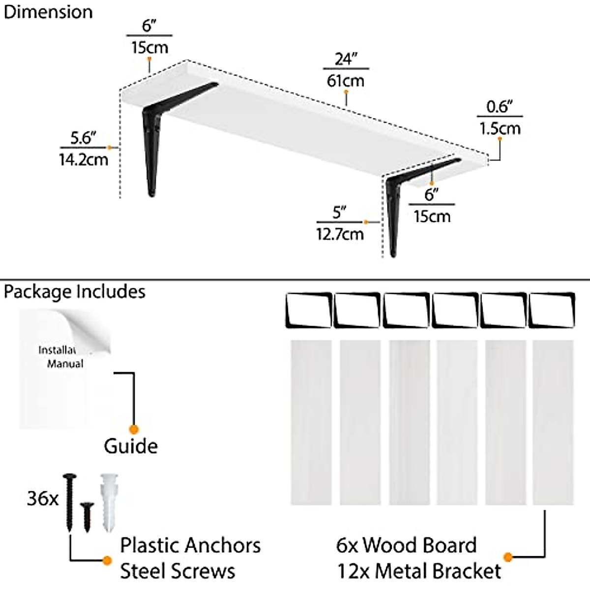 Wallniture Arras Floating Shelves for Living Room Decor, 24" Wall Shelves Office & Kitchen Organization, White Long Bookshelf Set of 6