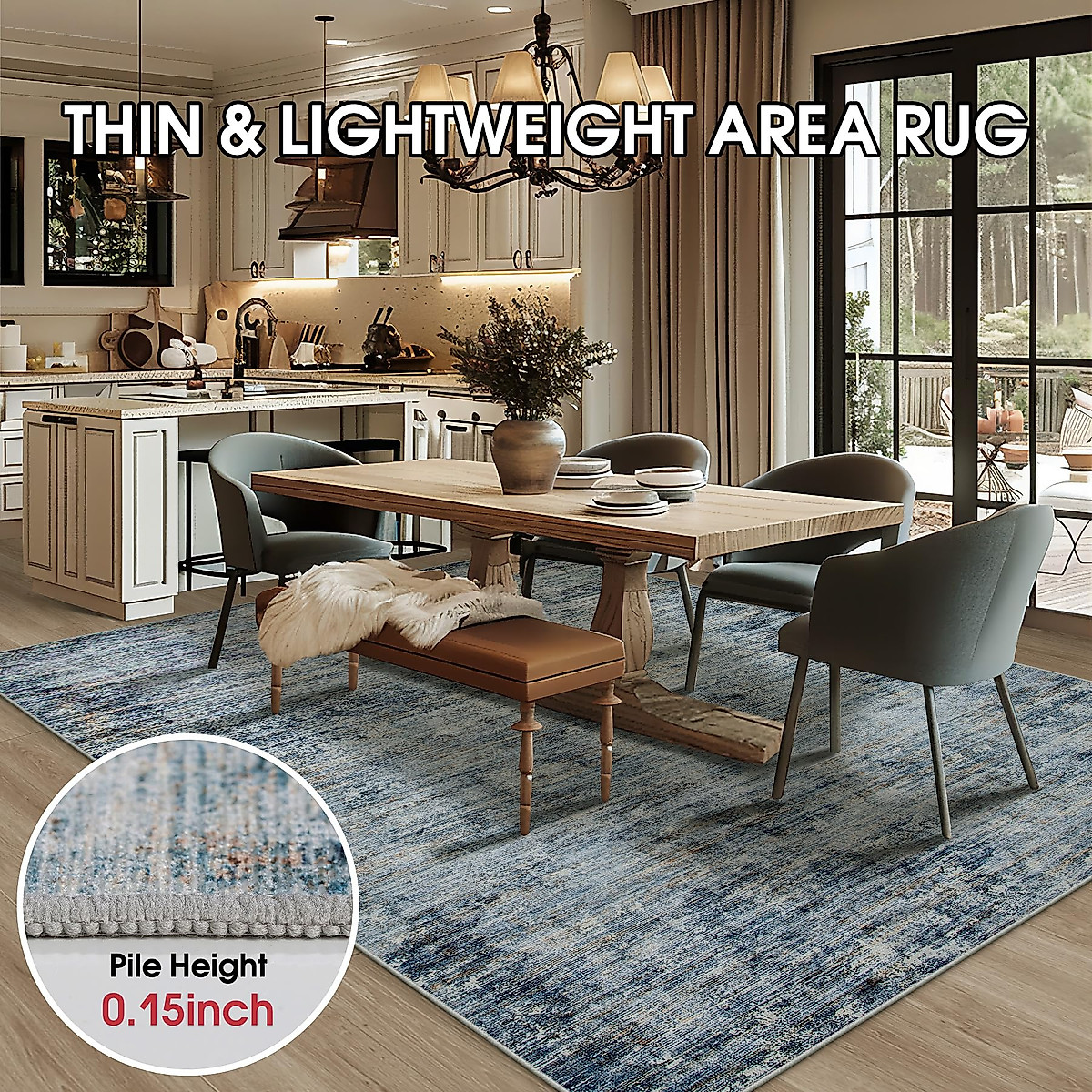 Area Rugs 8x10 Living Room Rugs: Large Modern Abstract Washable Rug with Non-Slip Backing, Thin Carpet for Dining Room Table Bedroom Nursery Indoor Home Office-Blue