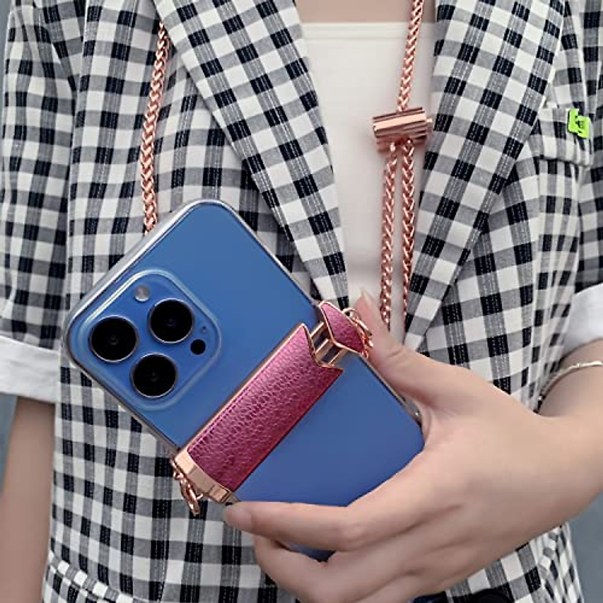 HIFIT Mobile Phone Crossbody Chain & Back Clip, Compatible with All Smart Phones, Functional Alloy Chain Phone Lanyard Adjustable Perfect for Girls & Ladies for Traveling, Leisure (Pink)
