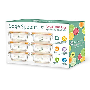 Sage Spoonfuls Glass Baby Food Containers with Lids - 6 Pack, 4 oz Baby Food Jars, Durable & Leakproof, Freezer Storage, Reusable Small Glass Baby Food Containers, Microwave & Dishwasher Friendly