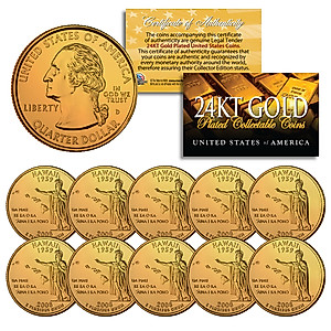 2008 Hawaii State Quarters U.S. Mint BU Coins 24K Gold Plated (LOT of 10)