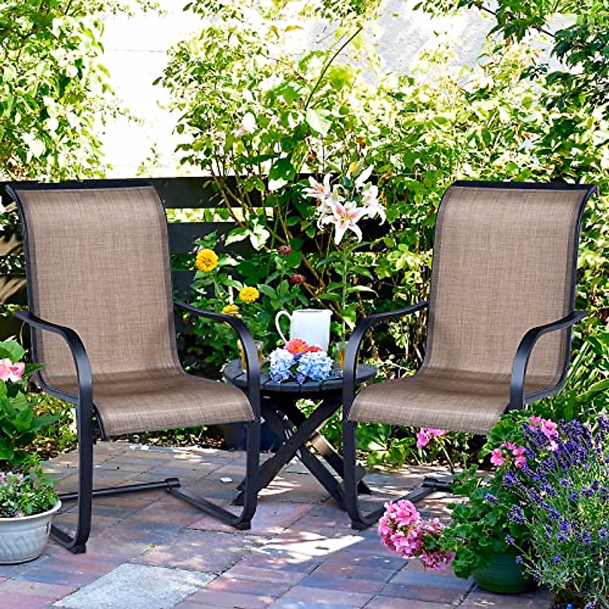 Tangkula 2 Pieces Patio Dining Chairs, Outdoor C Spring Motion Dining Chair Set w/Armrests & Neck Support, High Back Weather Resistant Steel Chairs w/Breathable Fabric for Pool, Lawn, Backyard (2)