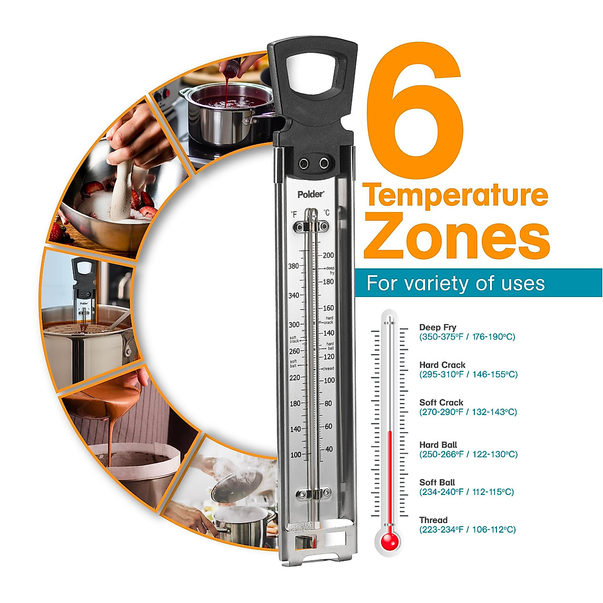 Candy Thermometer Deep Fry/Jam/Sugar/Syrup/Jelly Thermometer with Hanging Hook Cooking Thermometer Food Thermometer Quick Reference Temperature & Pot Clip