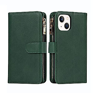 Jaorty for iPhone 13 Mini Phone Wallet Case with Card Holder, Crossbody Strap, Zipper Pocket, PU Leather, Dark Green