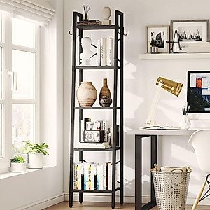 YMYNY 5 Tiers Ladder Bookcase, Industrial Narrow Bookshelf, Open Display Rack with 4 S Hooks, Metal Storage Shelves for Bedroom, Home Office, Living Room, Black, 63H*13.4L*11.8W, UHBC025B