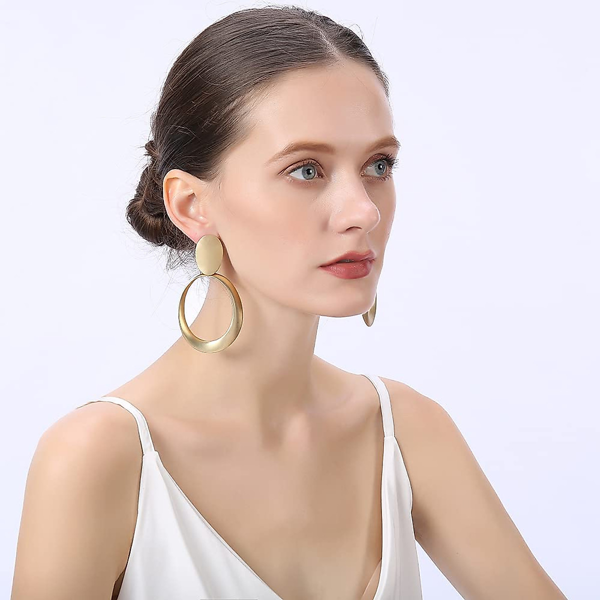 Matte Gold Big Hoop Clip On Earrings for Women Disc Dangle Clip Earrings for Women Gift