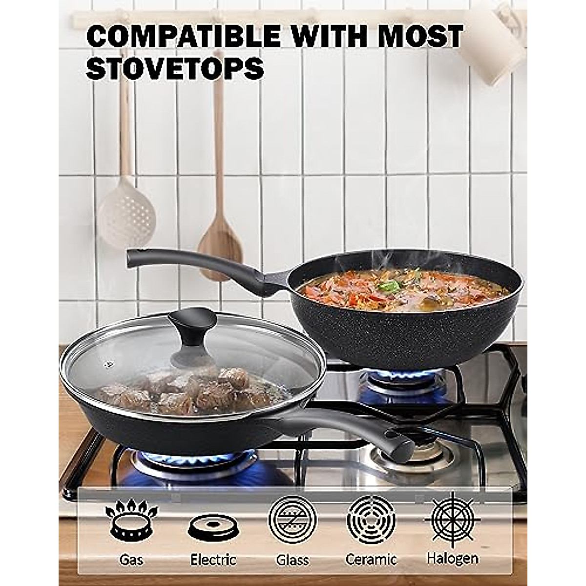 Cook N Home Marble Nonstick Cookware Saute Fry, 8" and 9.5-Inch Skillet Pans, Black