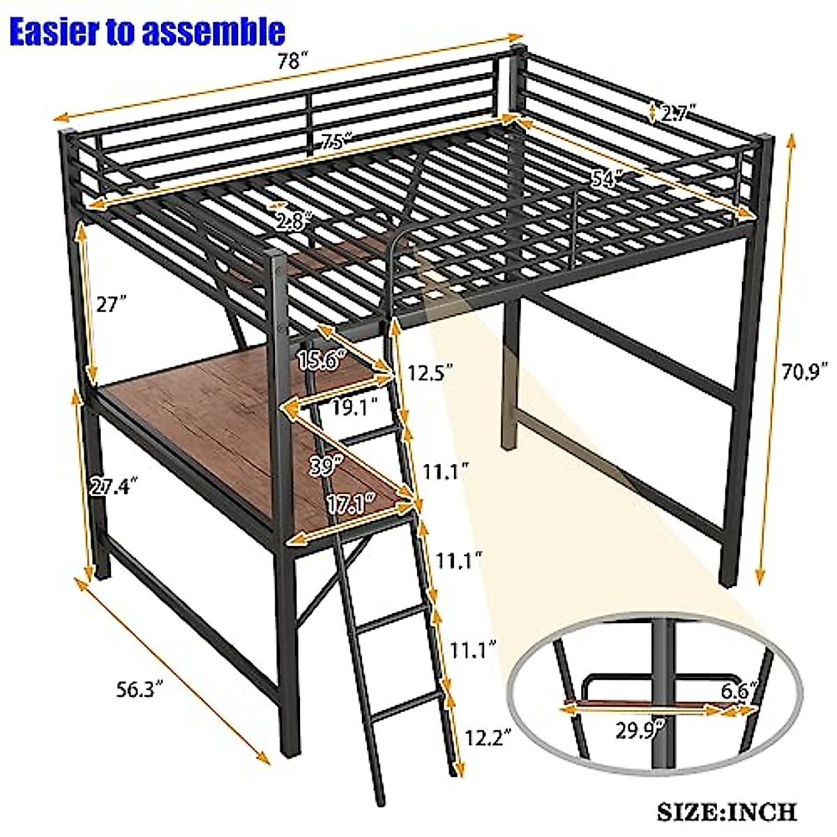 ZORQ Upgraded Version & Stronger Steel Loft Bed Full Size with Desk Underneath and Storage Shelf and Safer Ladder, Thickened More Rust-Resistant Metal Full Loft Bed Frame (Easier to Assemble) (Black)