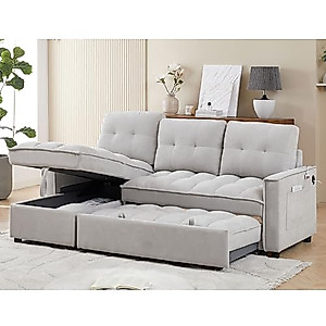 ERYE L-Shaped 3-Seaters Reversible Sleeper Sectional Sofa W/Pull Out Couch Bed and Storage Chaise for Living Room, Chenille Tufted Upholstered Convertible Sofabed with USB and Type-C Charging Ports