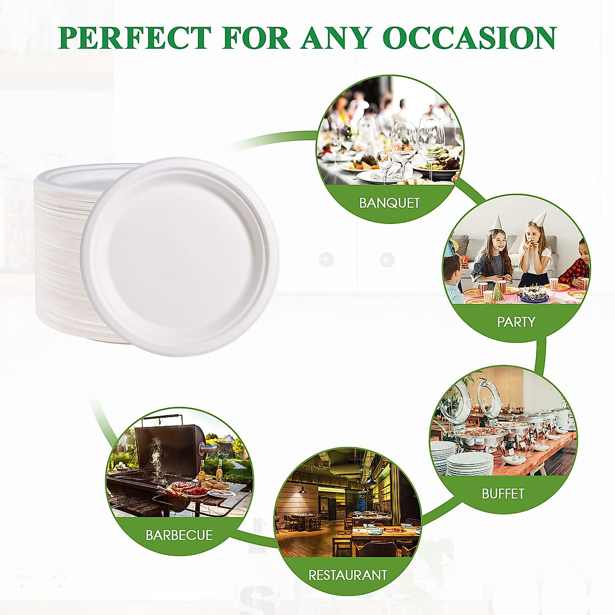 Vplus 150 Pack Paper Plates 9 inch 100% Compostable Plates Heavy-Duty Disposable Paper Plates Bagasse Natural Biodegradable Eco-Friendly Sugarcane Plates（White）