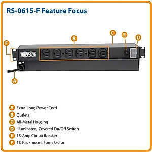 Tripp Lite 6 Outlet Rackmount Network-Grade PDU Power Strip, Front-Facing, 1U, 15A, 15ft Cord with 5-15P Plug (RS-0615-F)