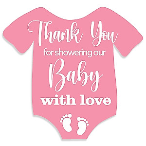 Cute Thank You for Showering Our Baby with Love Pink Baby Onesie Shaped Girl Baby Shower Thank You Stickers Labels for Girl Baby Shower Birthday Party Favor Label Decorations(10 in,80 Labels)