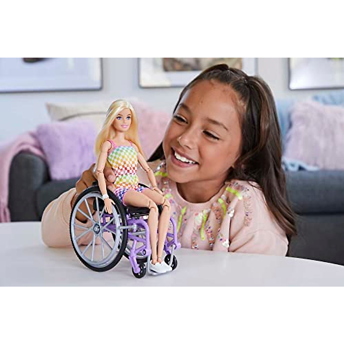 Barbie Fashionistas Doll #194 with Wheelchair and Ramp, Straight Blonde Hair and Rainbow Romper with Accessories