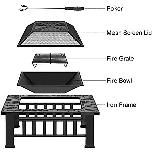 LEAYAN Garden Fire Pit Grill Bowl Grill Barbecue Rack 32In Outdoor Fire Pit Metal Square Firepit Patio Stove Wood Burning BBQ Grill Fire Pit Bowl with Spark Screen Cover, Poker