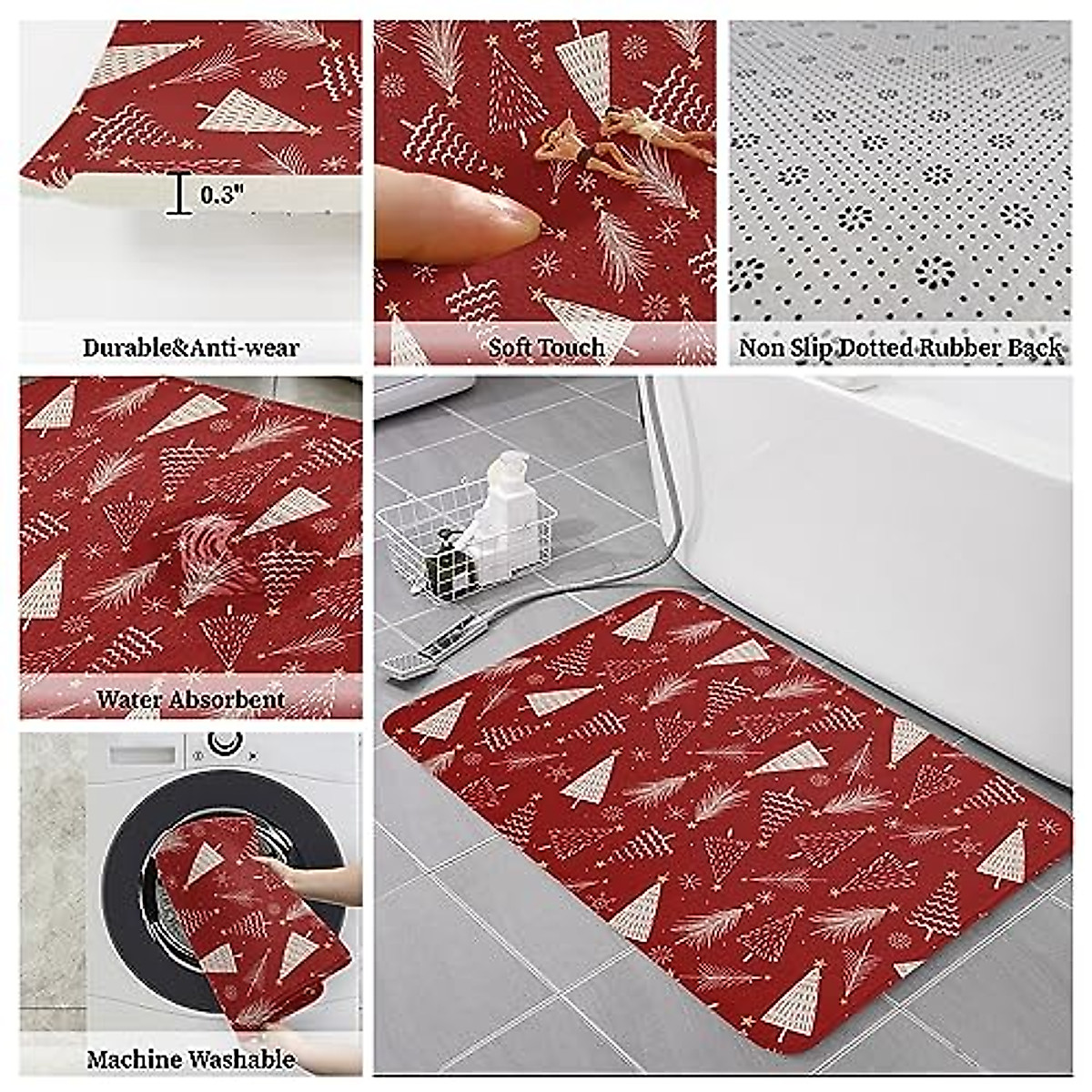 Libaoge Christmas Kitchen Mat Rug Set of 2 Xmas Tree Red Background Runner Rug Anti-Fatigue Comfort Memory Foam Standing Mat Non-Slip Floor Door Mat for Bathroom Bedroom 18x30in+18x48in