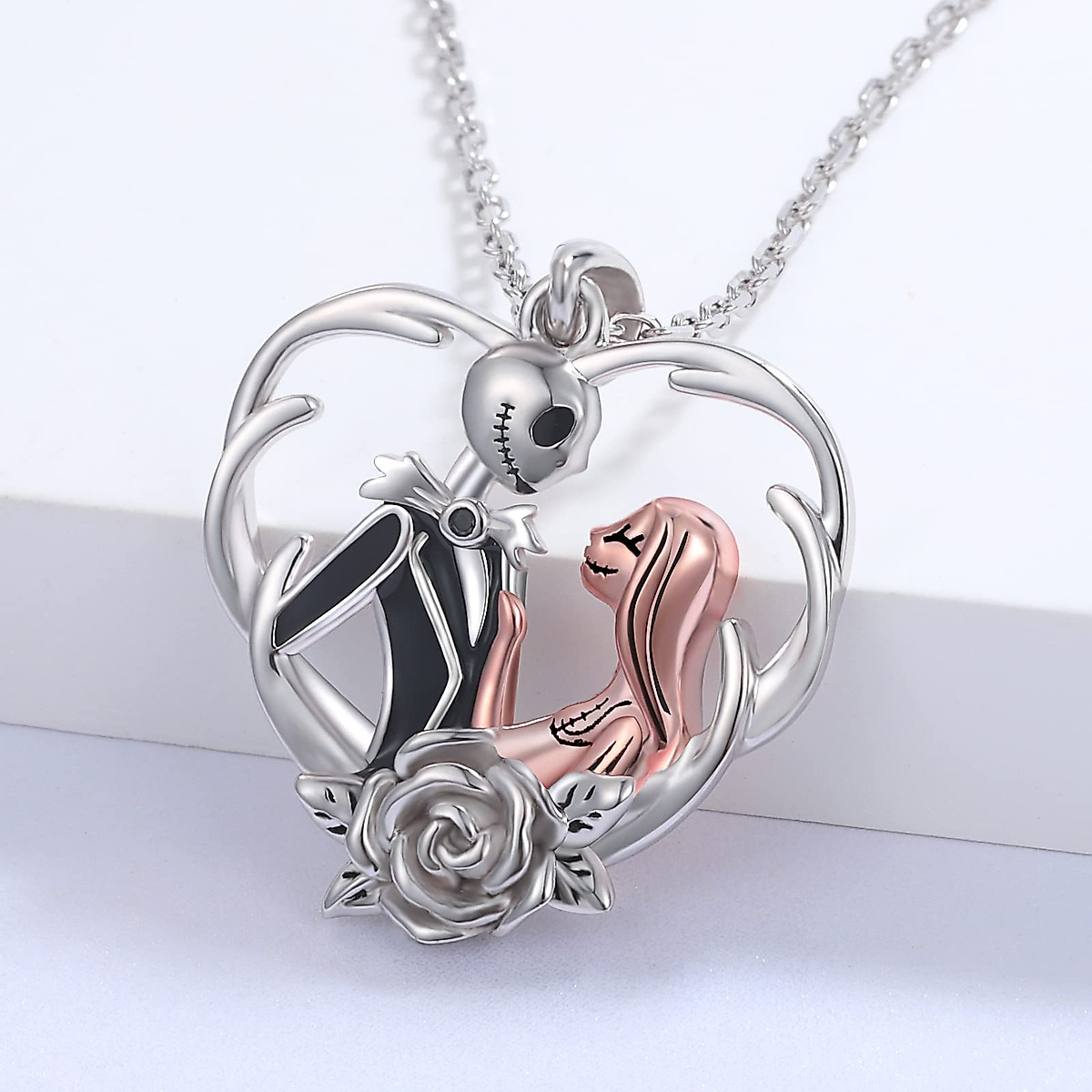 JZSANTI 925-Sterling-Silver Nightmare Necklace Gifts for Women - Jack And Sally Skull Rose Flower Heart Pendant Skellington Jewelry Nightmare Necklace Before Christmas Gifts for Wife Her