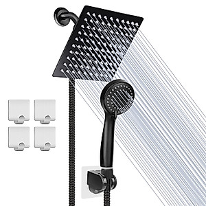 Taiker Shower Head, High Pressure 8'' Rainfall Stainless Steel Shower Head/Handheld Combo with 60'' Hose Anti-leak Shower Head with Holder, Flow Regulator, Chrome, 4 Shower Hooks Black