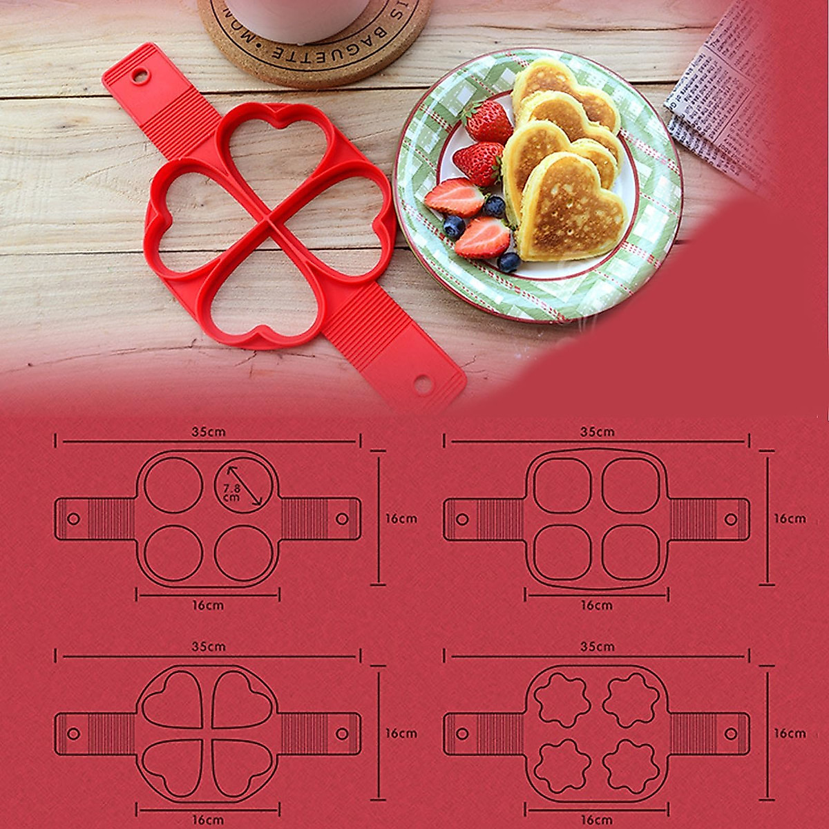 YLBUH Flip and Cook Pancake Maker, Flip Cooker Pancakes Mold, Flip N Cook Silicone Pancake Mold, Flip and Cook Silicone Pancake Maker, Silicone Pancake Molds Fried Egg Mold Reusable (Red heart shape)