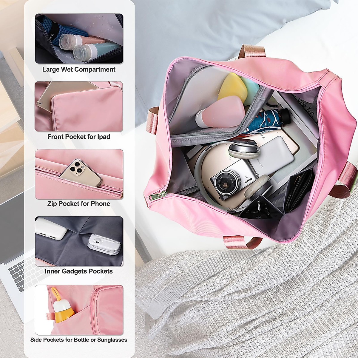 Foldable Travel Duffel Bag for Women, Water Resistant Personal Item/Carry Bag, Expandable Overnight Weekender Bag with Wet Compartment & Luggage Sleeve, Lighetweight Sport Tote Gym Bag (Pink)